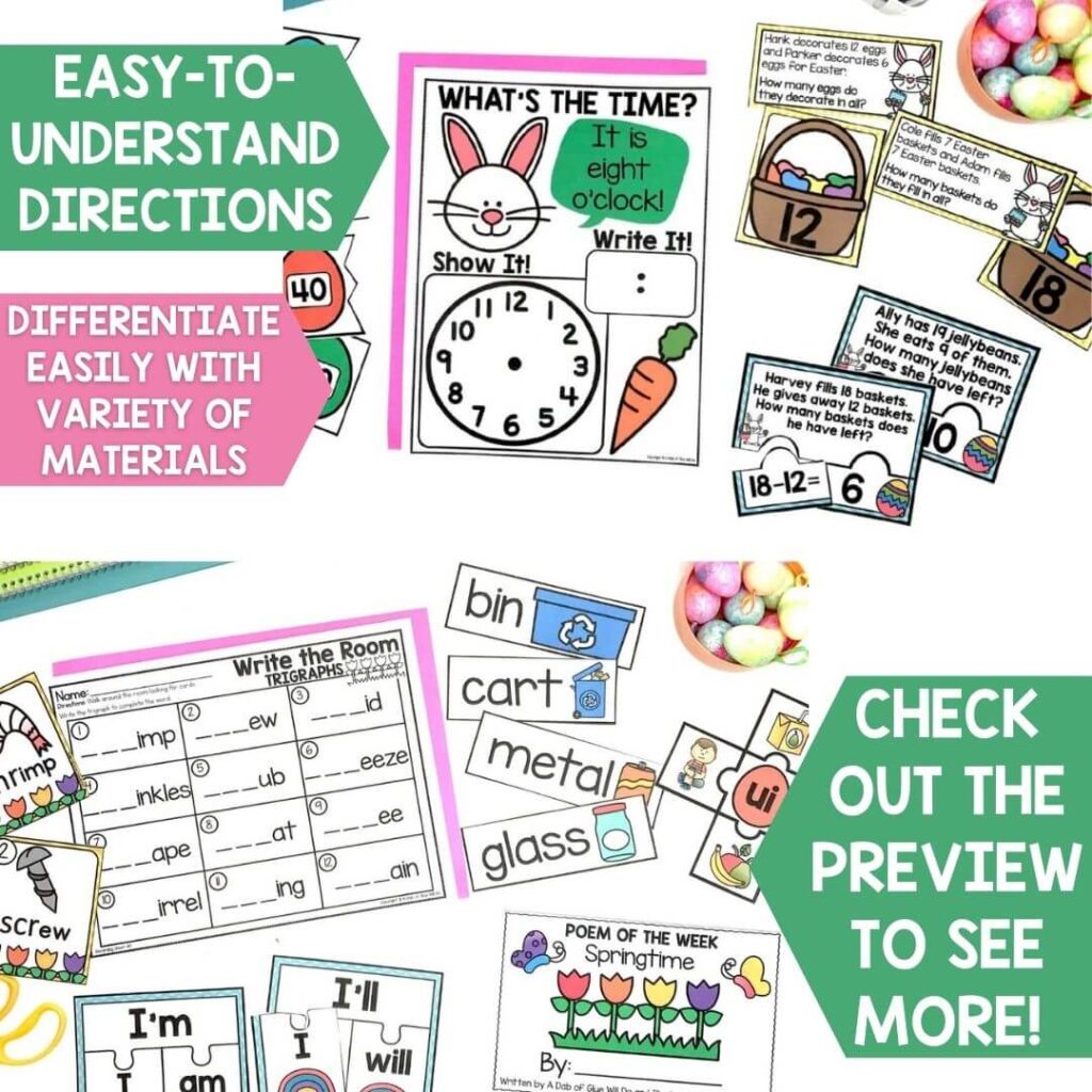 April Math and Literacy Centers for First Grade - A Dab of Glue Will Do