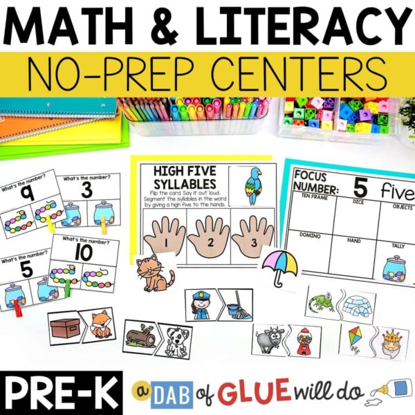 Pre-K Zero Prep Math and Literacy Centers - A Dab of Glue Will Do