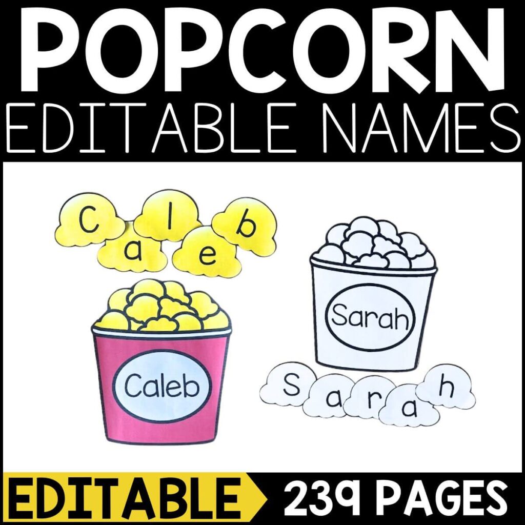 Popcorn Editable Name Activity - A Dab of Glue Will Do